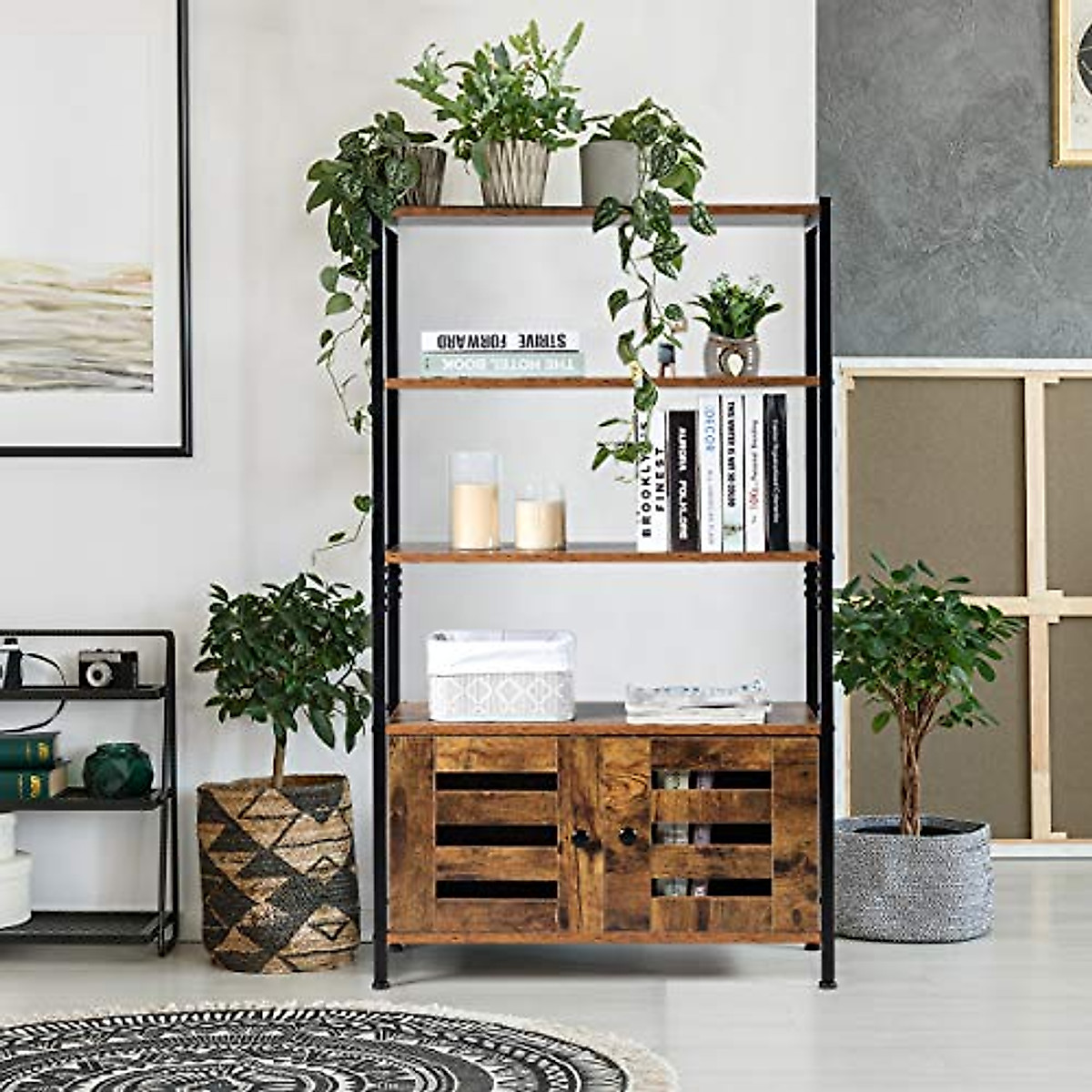 Tangkula Storage Cabinet, Industrial Bookshelf and Bookcase, Freestanding Floor Cabinet with 3 Shelves and 2 Louvered Doors, for Living Room Study Home Office, 27.5 x 12 x 47.5 Inch, Rustic Brown