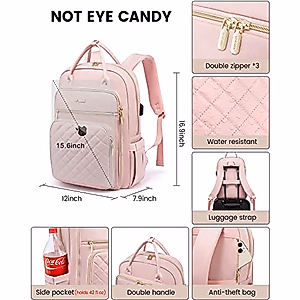 LOVEVOOK Laptop Backpack for Women, 15.6 Inch Computer Backpack for Teacher Nurse with Water Resistant, Lightweight Travel Work Backpack with USB Charging Port, Quilted Commuter Backpack purse, Pink