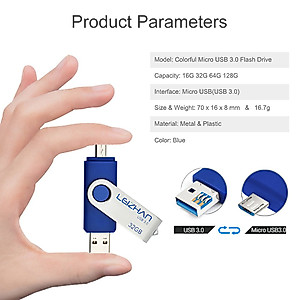 leizhan 128gb USB 3.0 Flash Drive for Samsung Galaxy S4 S5 S6 S7 HTC Nokia Moto Huawei, Micro-USB 3.0 Pen Drive, Blue