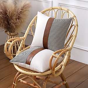 Mecatny Faux Leather Throw Pillows for Couch - Farmhouse Decorative Pillows with Inserts Included - Boho Striped Accent Pillows for Living Room - 18" x 18" - Black (Set of 2)