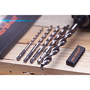 NordWolf 5-Piece HSS Brad Point Wood Drill Bit Set with 1/4" Hex Shank for Carpenter Woodworking, SAE Sizes 3/16"-1/4"-5/16"-3/8"-1/2"