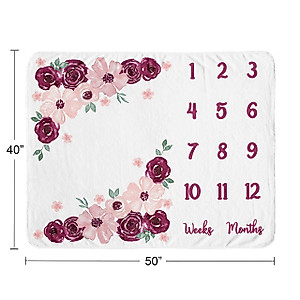 Sweet Jojo Designs Burgundy Pink Watercolor Floral Girl Milestone Blanket Monthly Newborn First Year Growth Mat Baby Shower Memory Keepsake - Blush Maroon Wine Rose Green Shabby Chic Flower Farmhouse