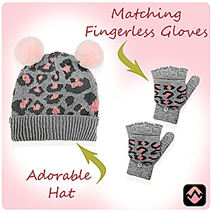 PEAK 2 PEAK Girls Hat and Fingerless Gloves Winter Set, Leapord with Plush Pink Pompoms - Age 4-12 Years