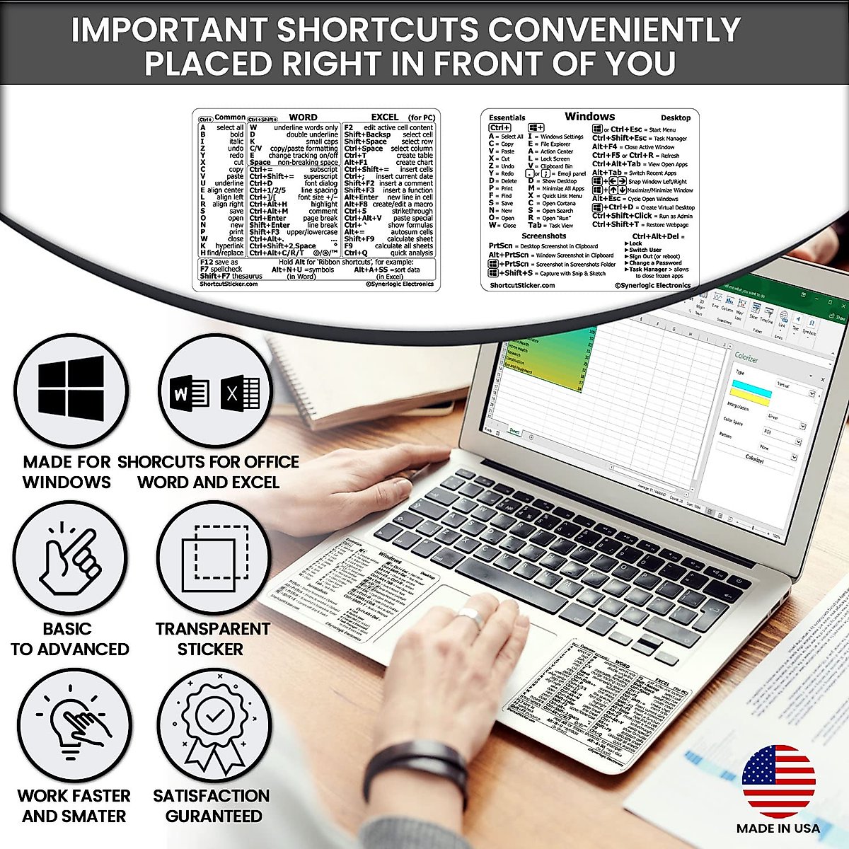 SYNERLOGIC Windows + Word/Excel (for Windows) Quick Reference Guide Keyboard Shortcut Stickers, No-Residue Vinyl (Clear/Large/Combo)