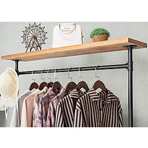 BIXIRAO Industrial Pipe Clothing Rack on Wheels, Rolling Iron Garment Racks with Wood Shelves, Commercial Heavy Duty Clothing Racks, Steampunk Clothes Rack Retail (Two Tiers)