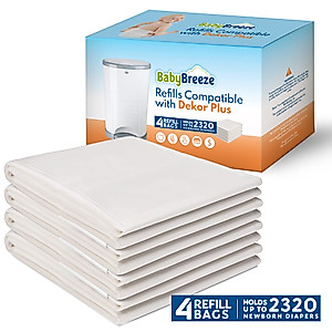 Diaper Pail Refills Compatible with Dekor PLUS Diaper Pail 4 Refill Bags Holds 2320 Diapers – Strong, Durable Baby Powder Scented Refills Bags