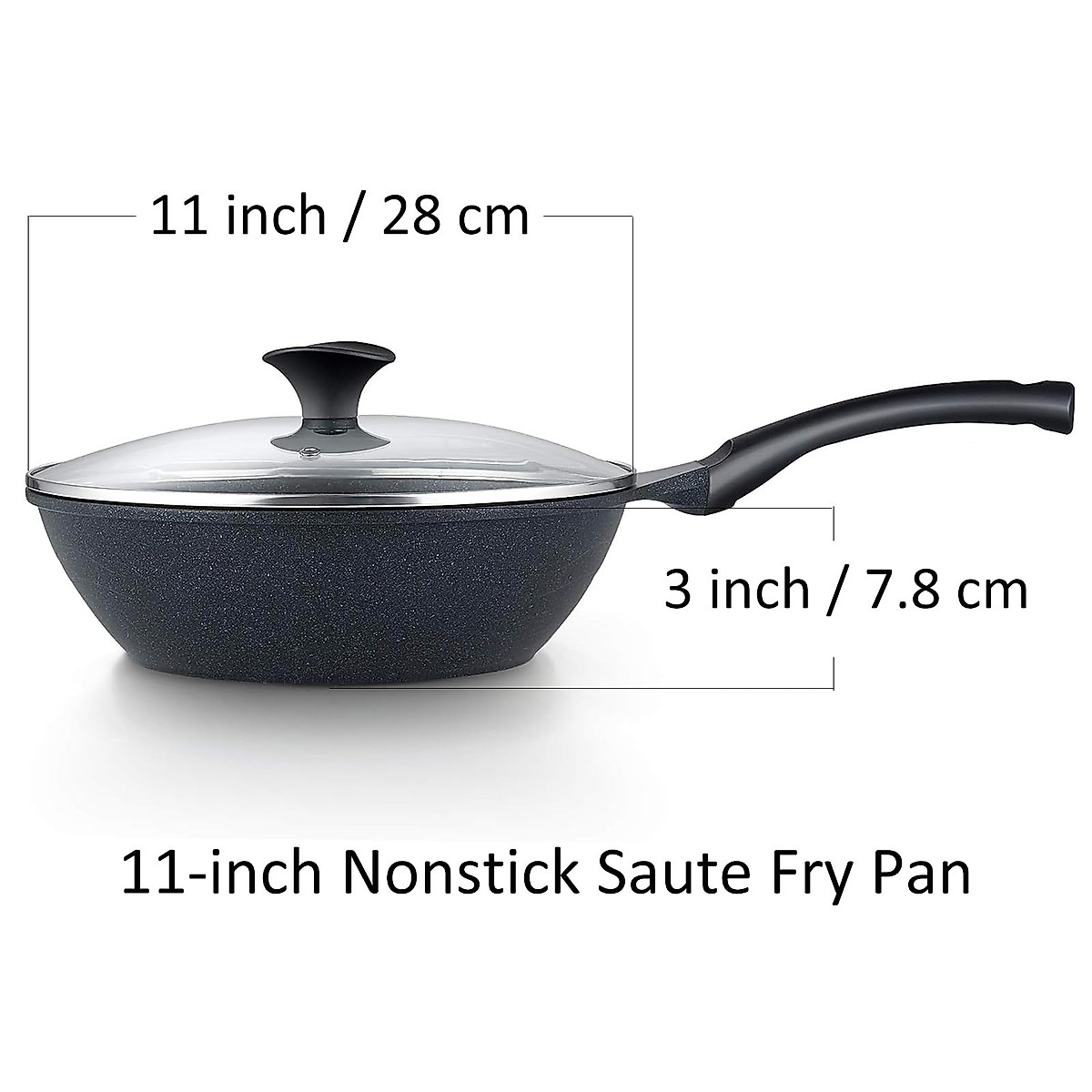 Cook N Home Nonstick Deep Frying Pan Saute Pan Skillet with Lid 11 Inch, Marble Wok Stir-Fry Pan Large Skillet Sauté Pan, Black