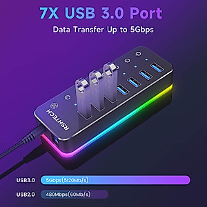 Powered USB Hub, RSHTECH RGB 7 Ports USB 3.0/USB C Hub with 14 Mode RGB LED Strip, Individual Touch Switches, 3.3ft Cable and 5V/4A Power Adapter, Aluminum Gaming USB Hub for PC and Laptop, RSH-518R