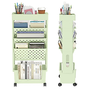 YEMUNY 5 Tier Rolling Utility Cart Multi-Functional Movable Storage Book Shelves with Lockable Casters for Study Office Kitchen Classroom, Light Green