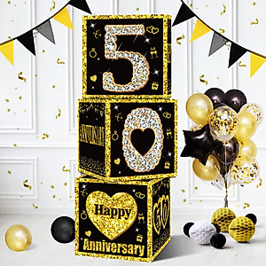 Zirtorei 3Pcs 50th Wedding Anniversary Decorations Boxes, Black Gold Happy 50 Anniversary Balloons Boxes Party Supplies, Fifty Year Old Marriage Anniversary Theme Cardboard Box