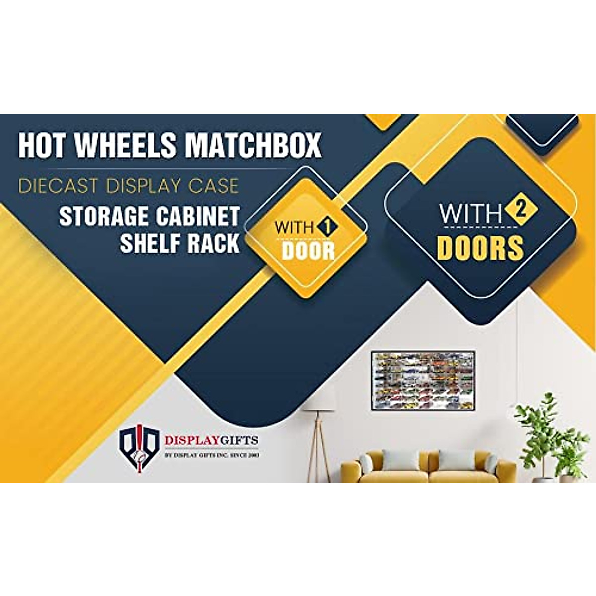 DisplayGifts 1/64 Scale Toy Cars Hot Die-cast Wheels Matchbox Display Case Storage Cabinet Shelf Rack for 56 Slots - 2 Doors, 23.5 X 15 X 2 inches