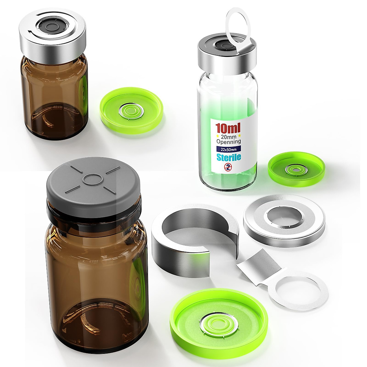 Sterile Empty Vial Sealed with 20mm Self Healing Injection Port and Burr Free Tear Off Plastic Aluminum Cap,Borocilicate Glass Sample Vial with Pull Ring Cover (Clear, 10mL)