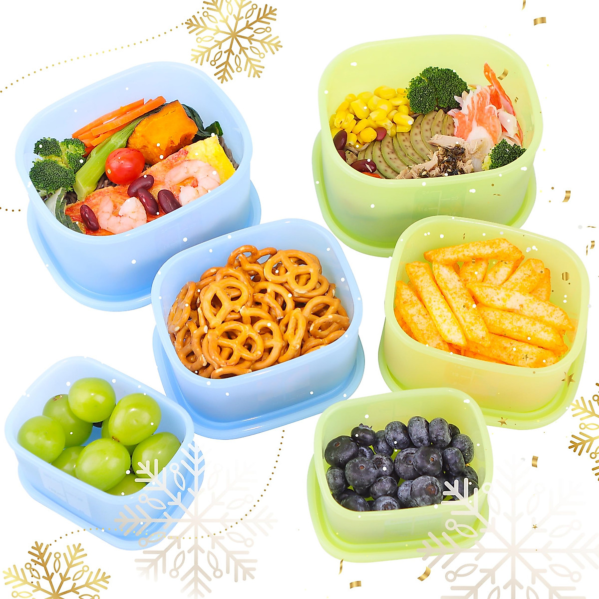 Viotiin Silicone Food Storage Containers with Airtight Lids, Set of 6, 8oz + 16oz + 24oz, Nesting Meal Prep Container for Lunch, Leftovers, Fruits, Dishwasher & Microwave & Freezer Safe, Green + Blue