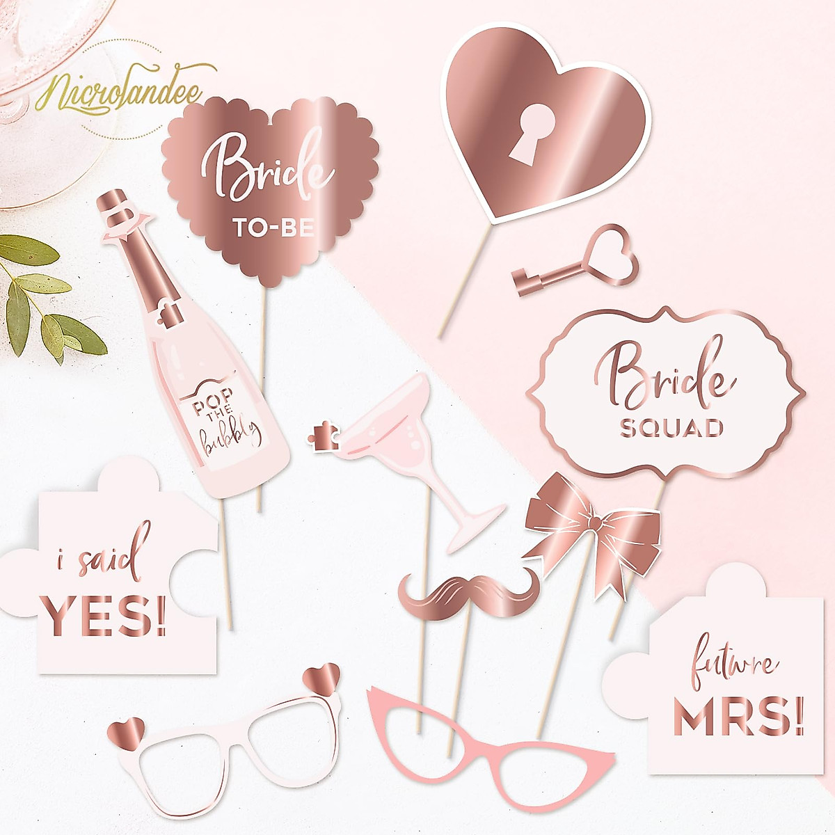 NICROLANDEE Wedding Photo Props Kit, 12 PCS Rose Gold Engagement Photo Props Accessories with Bamboo Sticks for Bride to Be Night Party, Fall Bridal Shower Wedding Favour Party Decorations