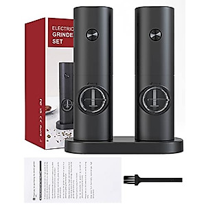 COKUNST Electric Pepper and Salt Grinder Set, Battery Powered Adjustable 5 Levels of Coarseness Black Pepper Grinder Mill with Stand, Automatic Grinding with LED Light for BBQ Resturant Kitchen