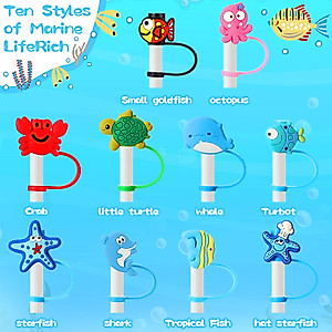 Silicone Drinking Straw Tips Cover/Lids/Topper/Plugs/Cap Reusable Cute Dust Proof for 6-8 mm Straws Outdoor Home Kitchen Party Decor (Aquatic Creature), 10 Pack