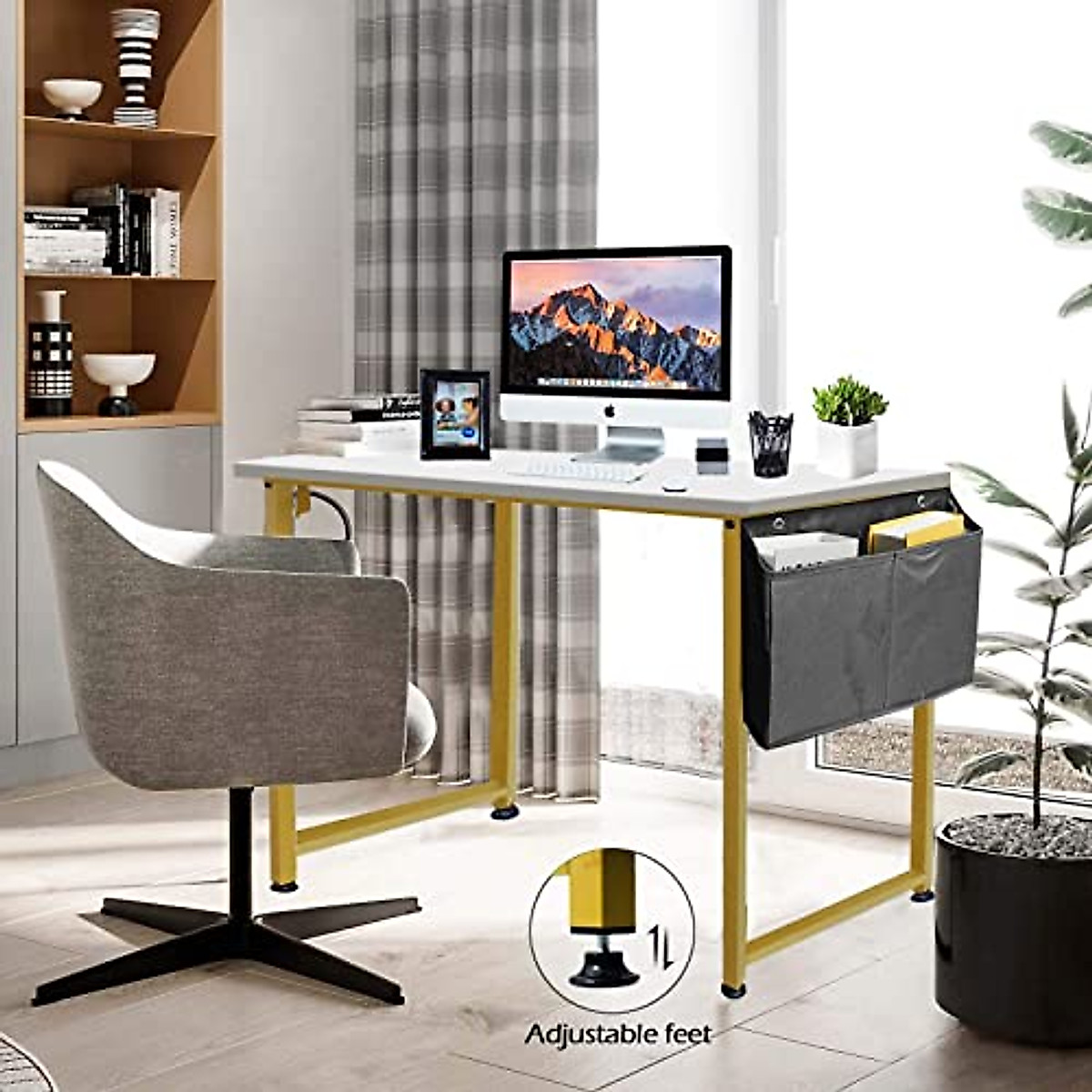 Lufeiya Computer Desk Small White Gold Writing Table for Home Office Compact Spaces 39 Inch Modern Student Study Desk,White Gold