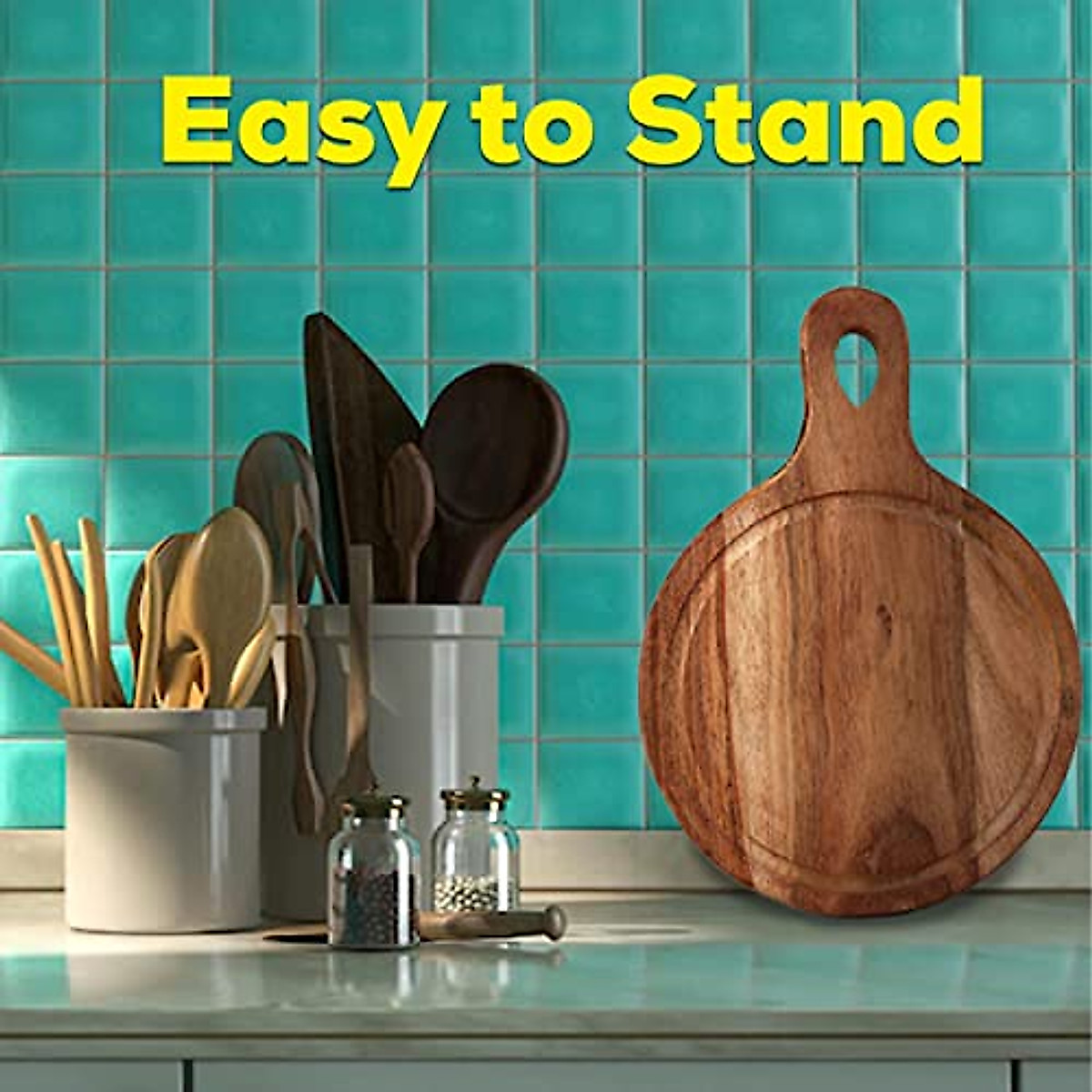 Wood Pizza Peel Round Cutting Board for Kitchen Cheese Paddle Board Bread &Crackers Platter for Serving & Minor Food Prepare with Handle & Side Grooving (12 Inches)