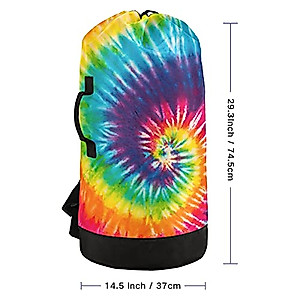 Tie Dye Rainbow Laundry Bag Travel Laundry Backpack with Adjustable Strap Washable Heavy Duty Large Clothes Shoulder Bag for College Dorm