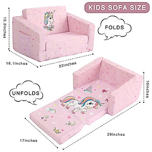 JoiyeScent Large Play Kids Sofa, Children's 2 in 1 Convertible Sofa to Lounger, Extra Soft Sofa Bed Fold Out for Toddler Girls, Cute Unicorn Print Pre-Assembled Kids Furniture for Playroom Bedroom