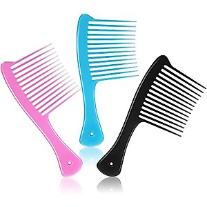 3 Pieces Wide Tooth Comb Jumbo Rake Comb, Detangler Salon Shampoo Comb for Long, Curly and 4c Hair (Black, Blue, Pink)