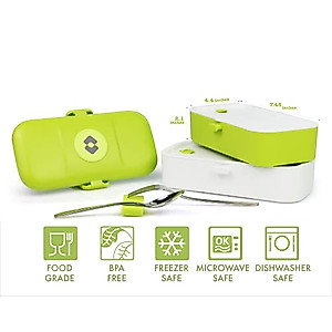 SARZ Bento Lunch Box for Kids - with 2 Containers and 4 Compartments, Modern Stackable Cute Bento Lunch Box with Cutlery Set, Two Adjustable Dividers, Microwave and Dishwasher Safe (Green)