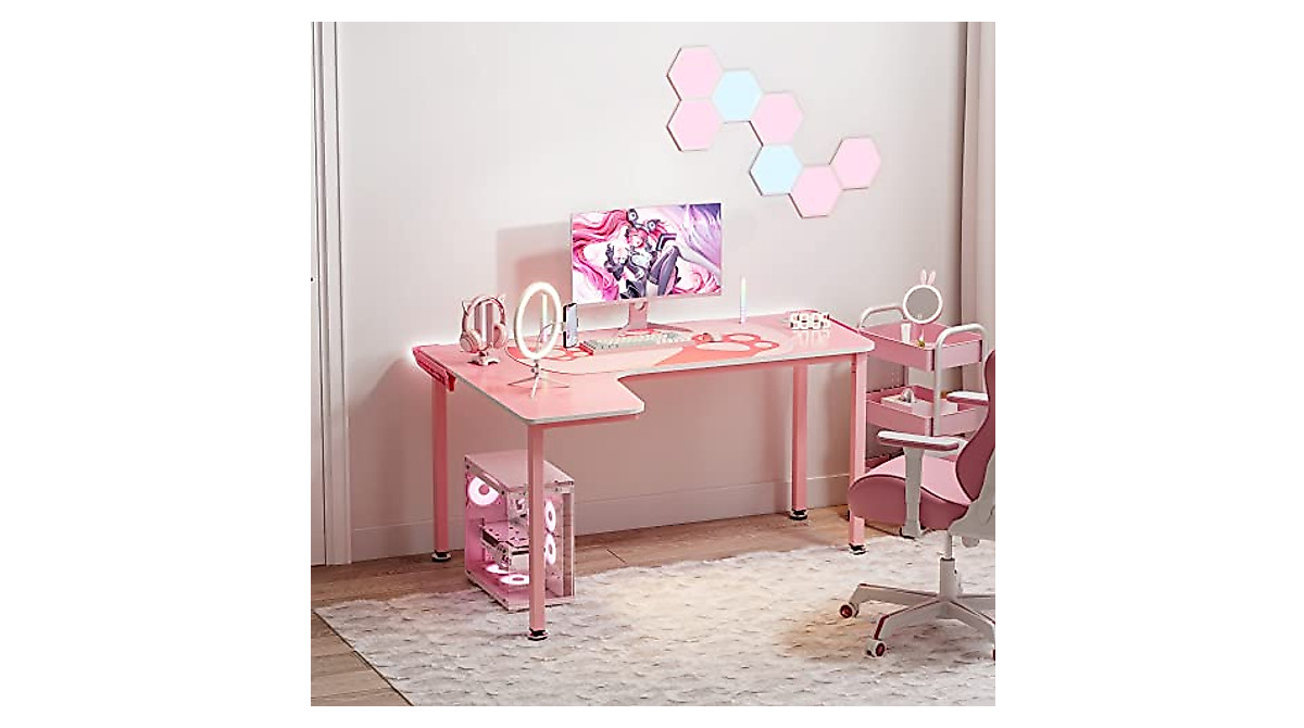 DESIGNA Pink L-Shaped Gaming Desk for Girls - 60 Inch