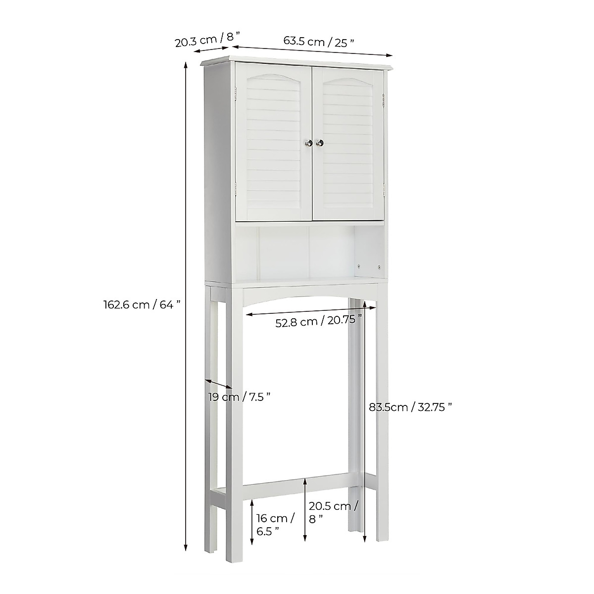 Teamson Home Louis 25 in. x 64 in. Freestanding Wooden Over-The-Toilet Storage Cabinet for Bathrooms, Powder Rooms, and En Suites - Bathroom Etagere, White