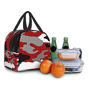 Insulated Lunch Bag Reusable Lunch Box, Cooler Lunch Tote Bag With Front Pocket for Girls Boys Women Men Picnic Office Work, Red Camo Print