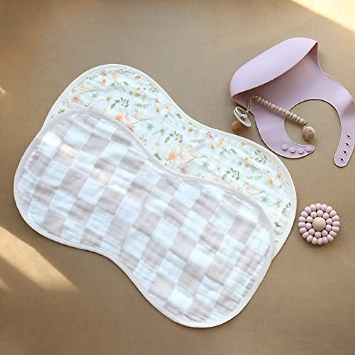 LifeTree Muslin Baby Burp Cloths, Soft Bamboo Cotton, Large Baby Washcloths, Face Towel, Burping Rags, Bibs for Newborn Boys Girls, Set of 2 (Floral & Dusty Pink Checkerboard)