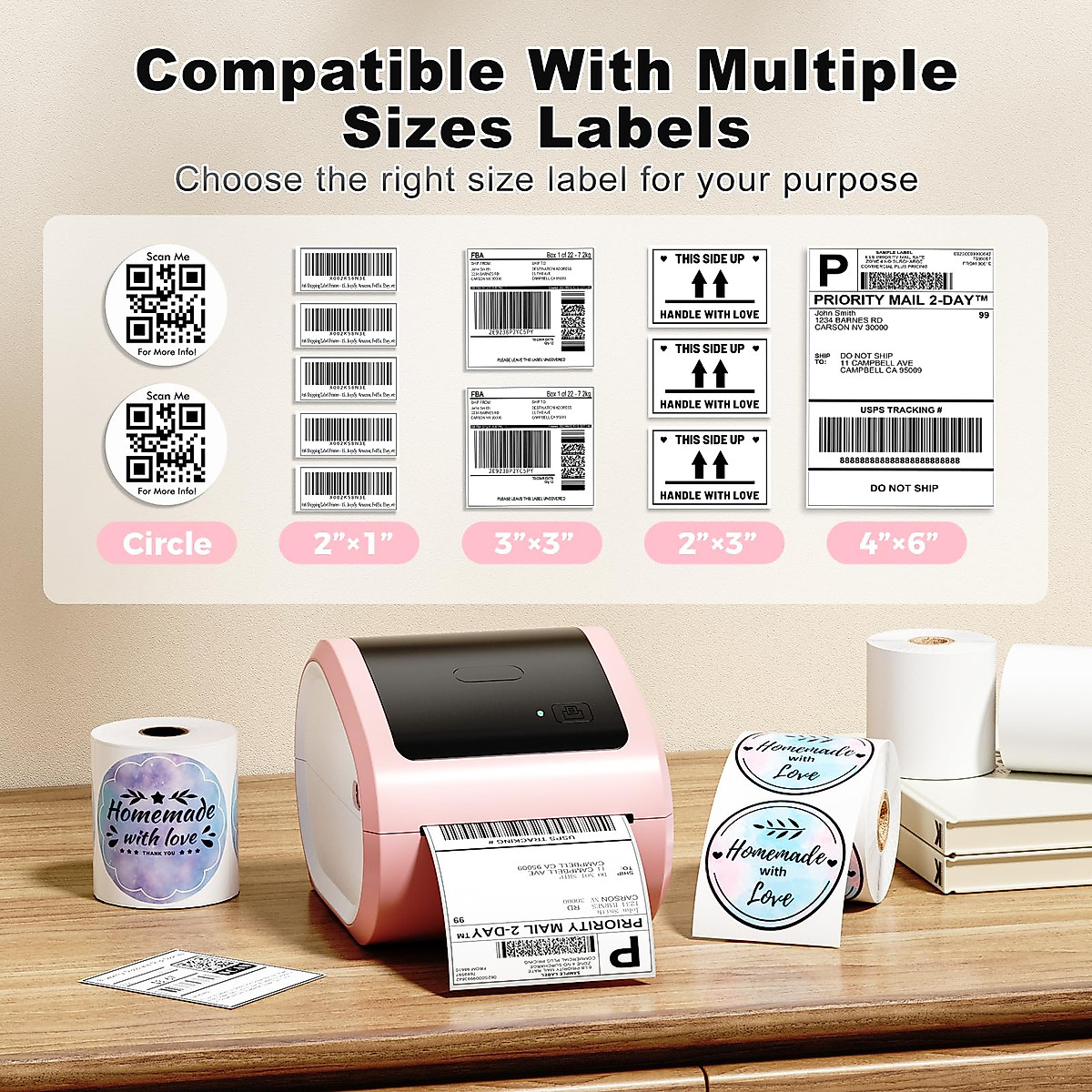COLORWING Thermal Shipping Label Printer,D520 Bluetooth Thermal Label Printer for Small Business 4x6, Wireless Label Printer with A Label Bin Compatible with USPS,Amazon,Ebay,Etsy,Etc.(Pink)