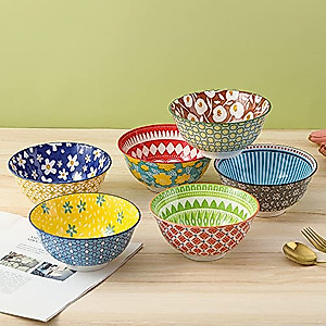 Porcelain Soup Cereal Bowls Set - Ceramic Bowls for Kitchen 23 oz - 6 Colorful Patterned Cute Bowl Sets - 6 Inch Deep Bowls for Oatmeal | Oat | Noodle | Breakfast - Dishwasher and Microwave Safe