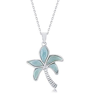 Beaux Bijoux Palm Tree Caribbean Natural Larimar Gemstone Sterling Silver Pendant 18’’ Necklace Jewelry for Women or Teens