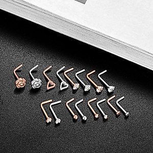 Tornito 20G 16Pcs Stainless Steel L Shaped Nose Ring CZ Nose Stud Retainer Labret Nose Piercing Jewelry (A1:16Pcs)