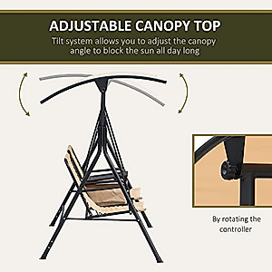 Outsunny 2-Seat Patio Swing Chair, Outdoor Canopy Swing Glider with Pivot Storage Table, Cup Holder, Adjustable Shade, Bungie Seat Suspension and Weather Resistant Steel Frame, Beige