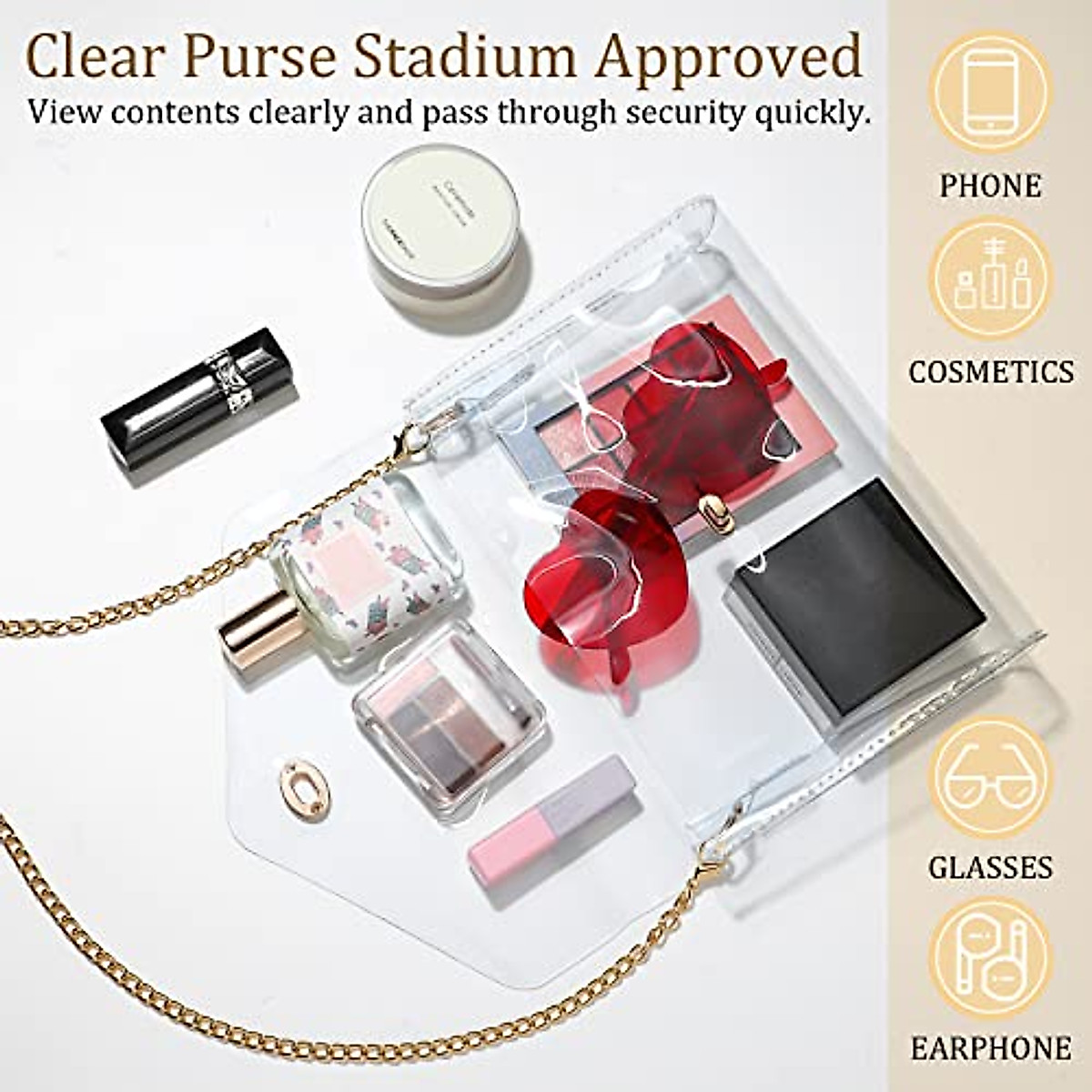 Sweetude 3 Pieces Clear Purse for Women Stadium Approved Clear Crossbody Bag Transparent Clutch Purses with Snap Closure for Sports Concert Prom Party Stadium Present