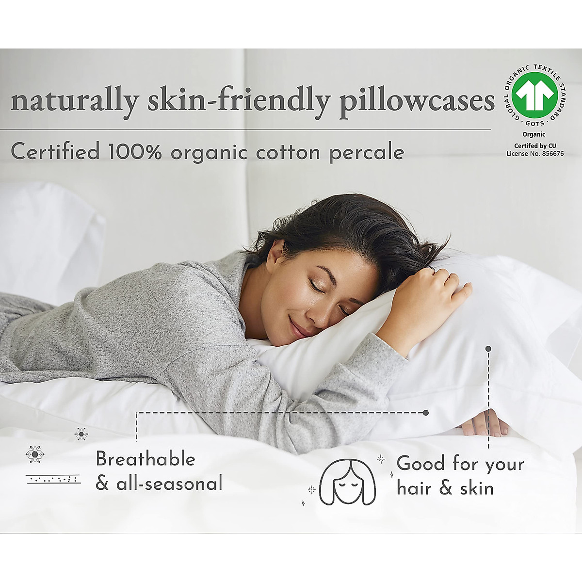 California Design Den 100% Organic Cotton Pillow Cases Standard Size/Queen Size Set of 2, Authentic GOTS Certified, Soft & Cooling, Percale Weave Cotton Pillowcases (Light Grey)