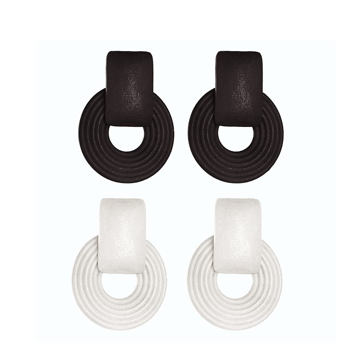 XUN Zhe 2 Pairs Bohemian Round Stud Earrings Set,Geometric Wooden Drop Earrings Boho Round Circle Wood Dangle Earrings for Women (Black White)