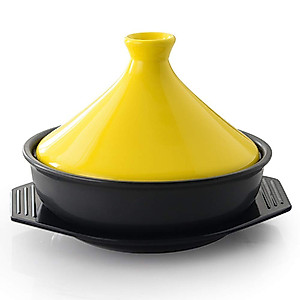 JINXIU Casserole Large Cooking Tagine, 23Cm Ceramic Tagine Pot Stew Casserole Slow Cooker Tagine Cooking Pot Lead Free with Wooden Shovel and Tray (Color : Yellow)