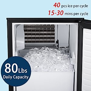 Antarctic Star Ice Maker 115V 60Hz Ice Scoop Handle Water Inlet Pipe Draining Pipe Quick Connector 40 Square Ice Cubes in 20 Minutes 80lbs in 24H 24-Hour Timer Self-Cleaning, Silver