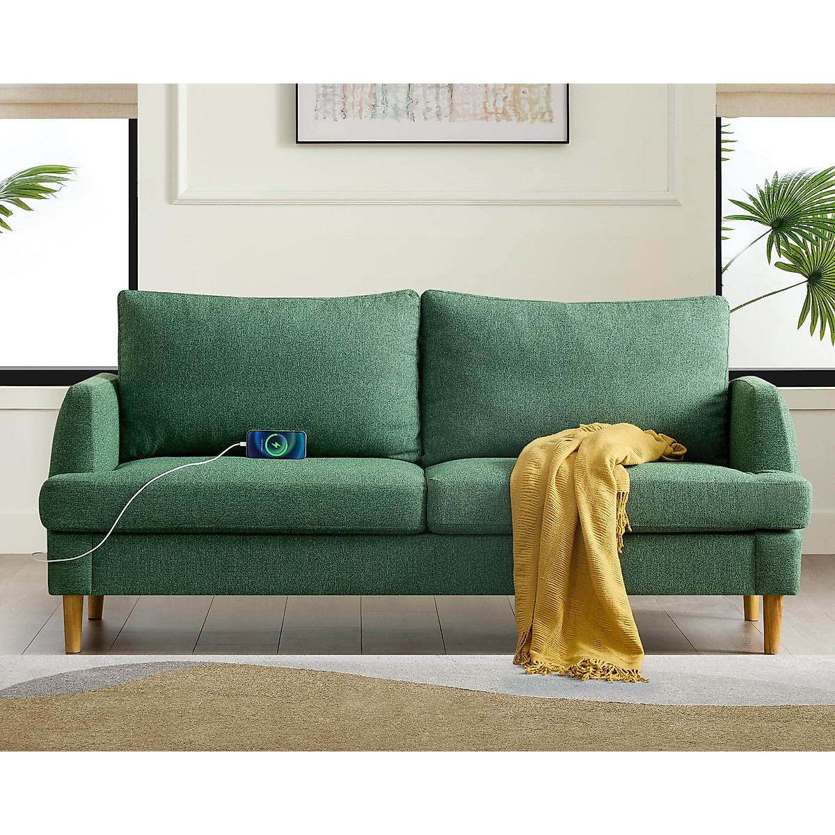 Krcix 70" Loveseat Sofa, Mid Century Modern Love Seat, 2 Seater Sofa Couches for Living Room, Small Couch with USB & Removable Pillow Cover, Comfy Couch for Bedroom, Apartment, Green
