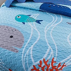 Soul & Lane Ocean Explorer Quilt Set - Twin Size with 1 Sham, Kids Ocean Themed Quilted Bedspread with Whales and Sea Life, Lightweight Nautical Bedding for Toddlers and Kids