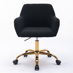 Mcltopz Faux Fur Home Office Chair, Modern Furry Office Chair, 360° Swivel Height Adjustable Desk Chair w/Gold Metal Leg, Comfy Vanity Makeup Chair Computer Task Chair for Home Office (Black)