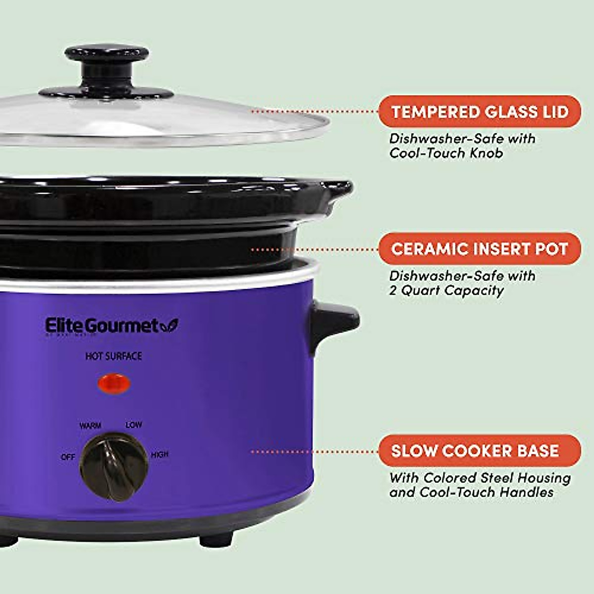 Elite Gourmet MST-275XP# Electric Oval Slow Cooker, Adjustable Temp, Entrees, Sauces, Stews & Dips, Dishwasher Safe Glass Lid & Crock (2 Quart, Purple)