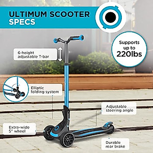 Globber Ultimum Scooter | 3-Wheel Kick Scooter for Adults & Kids 5+ | Foldable Kick Scooter with Safe, Non-Slip Deck & Premium Brakes (Sky Blue)