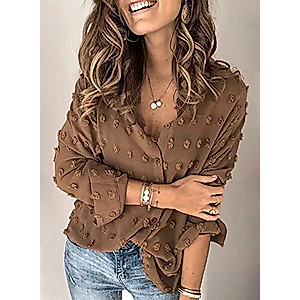 Astylish Womens Soft Cuffed Sleeve Pompom Collar Shirts Long Plus Size Button Down Blouse Tops Brown Small