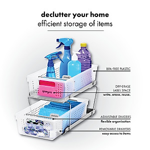 madesmart Stackable 2-Tier Organizer, Multi-Purpose Slide-Out Storage with Extra Set of Legs, Handles and Dividers for Home and Bath, BPA Free, Frost