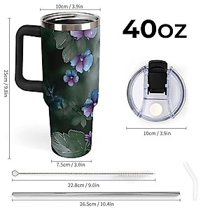 40 Oz Tumbler with Handle Blue Purple Flowers And Green Leaves Stainless Steel Coffee Mug Reusable Travel Mug Leak-proof Insulated Car Cup Large Capacity Tumbler for Travel, Outdoor, Home Use (Black)