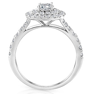 Pompeii3 10k White Gold 1 Ct T.W. Round-Cut Diamond Cushion Double Halo Engagement Ring Split Band High Women's Polished Band