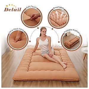 Zelladorra Japanese Floor Mattress, Futon Mattress with Portable Storage Bag and Washable Cover, Roll Up Mattress Thick Tatami Mattress Suitable for Camping, Guest Room, Light Coffee, Twin